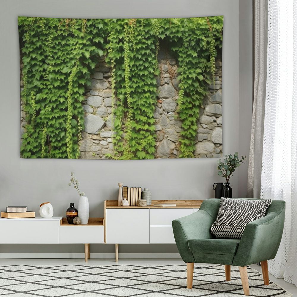 Creowell Stone Wall Tapestry Spring Garden Green Leaves Tapestry Old ...