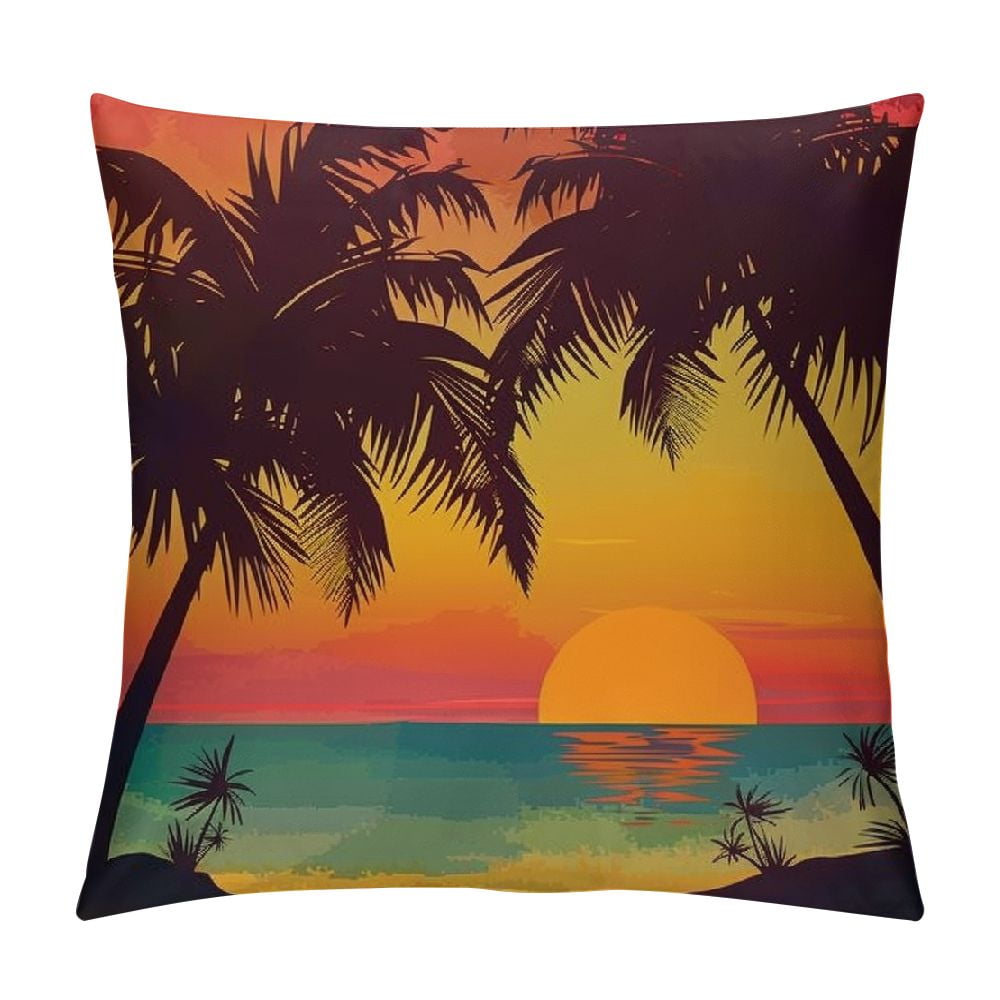 Creowell Summer Beach Throw Pillow Covers ,Tropical Palm Tree Sunset ...