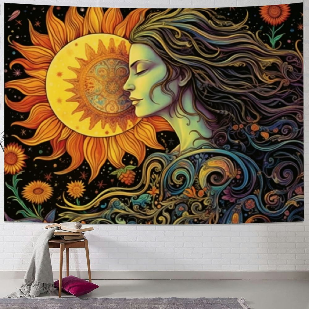 Creowell Sun and Moon Tapestry Psychedelic Mystic Floral Tapestry ...