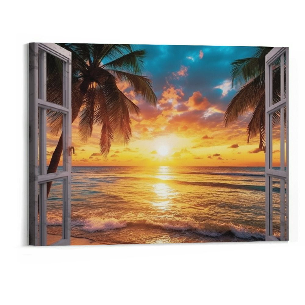 Creowell Sunset Beach Canvas Wall Art Faux Open Window View Ocean ...