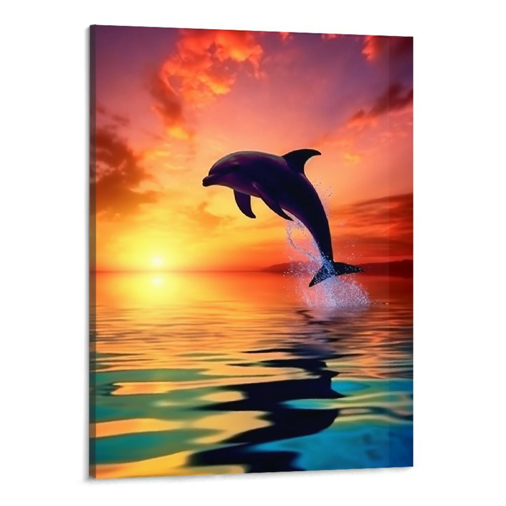 Creowell Sunset Canvas Wall Art Dolphin Wall Art Framed Dolphin Canvas ...