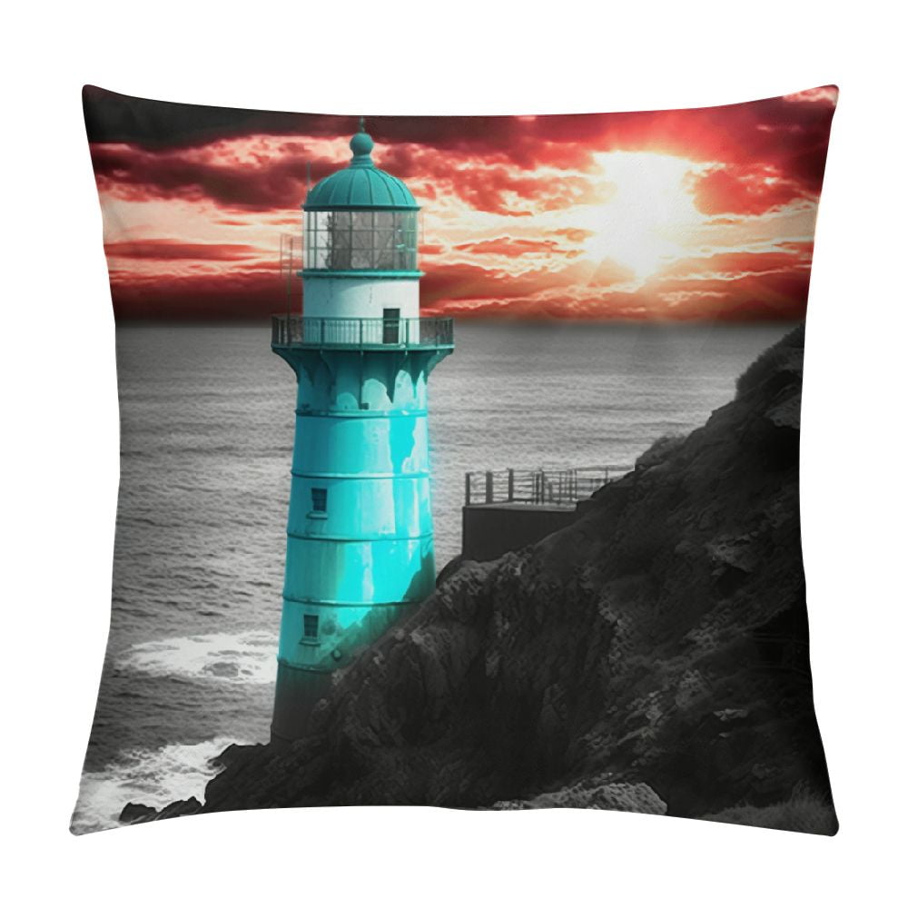 Creowell Sunset Ocean Lighthouse Pillow Covers Short Plush Square ...
