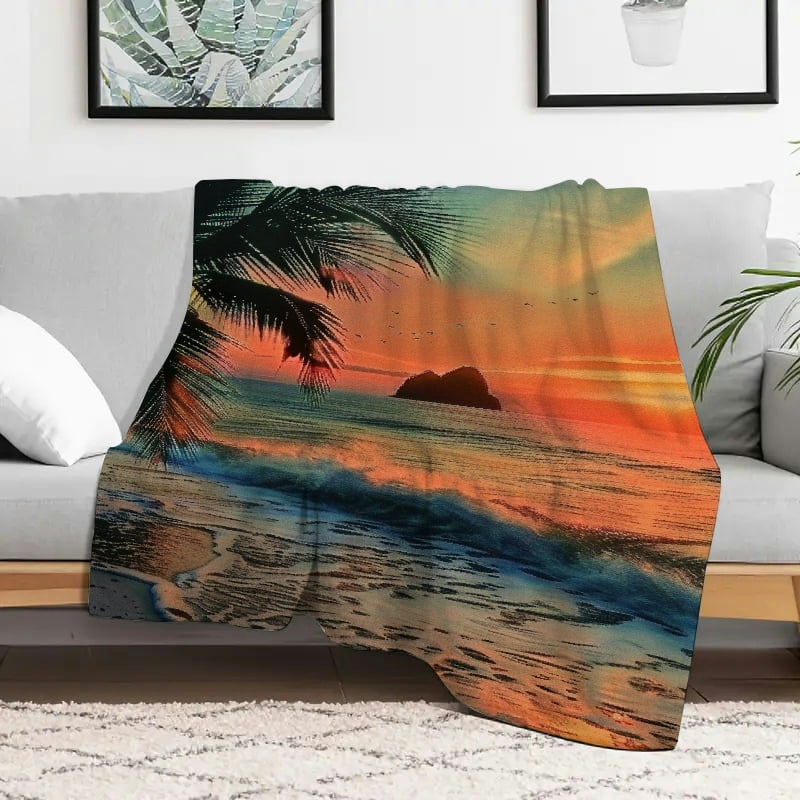 Creowell Sunset Palm Tree Beach Flannel Blanket Durable Soft Warm ...