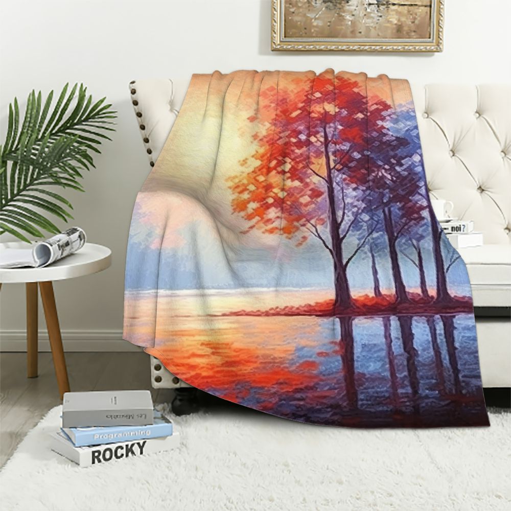 Creowell Sunset Trees Lake Throw Blankets for Sofa Couch Cozy Flannel ...