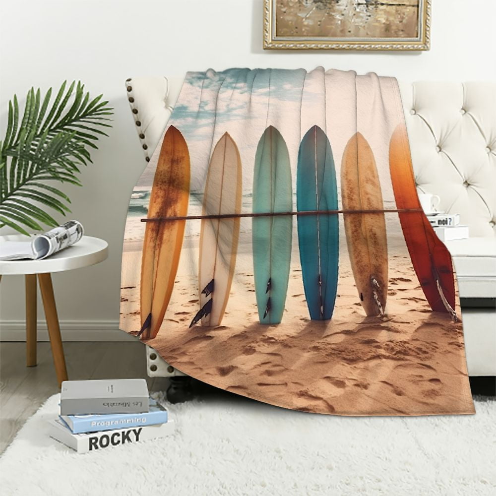 Creowell Surfboards Sandy Beach Ocean Flannel Throw Blankets for Sofa ...