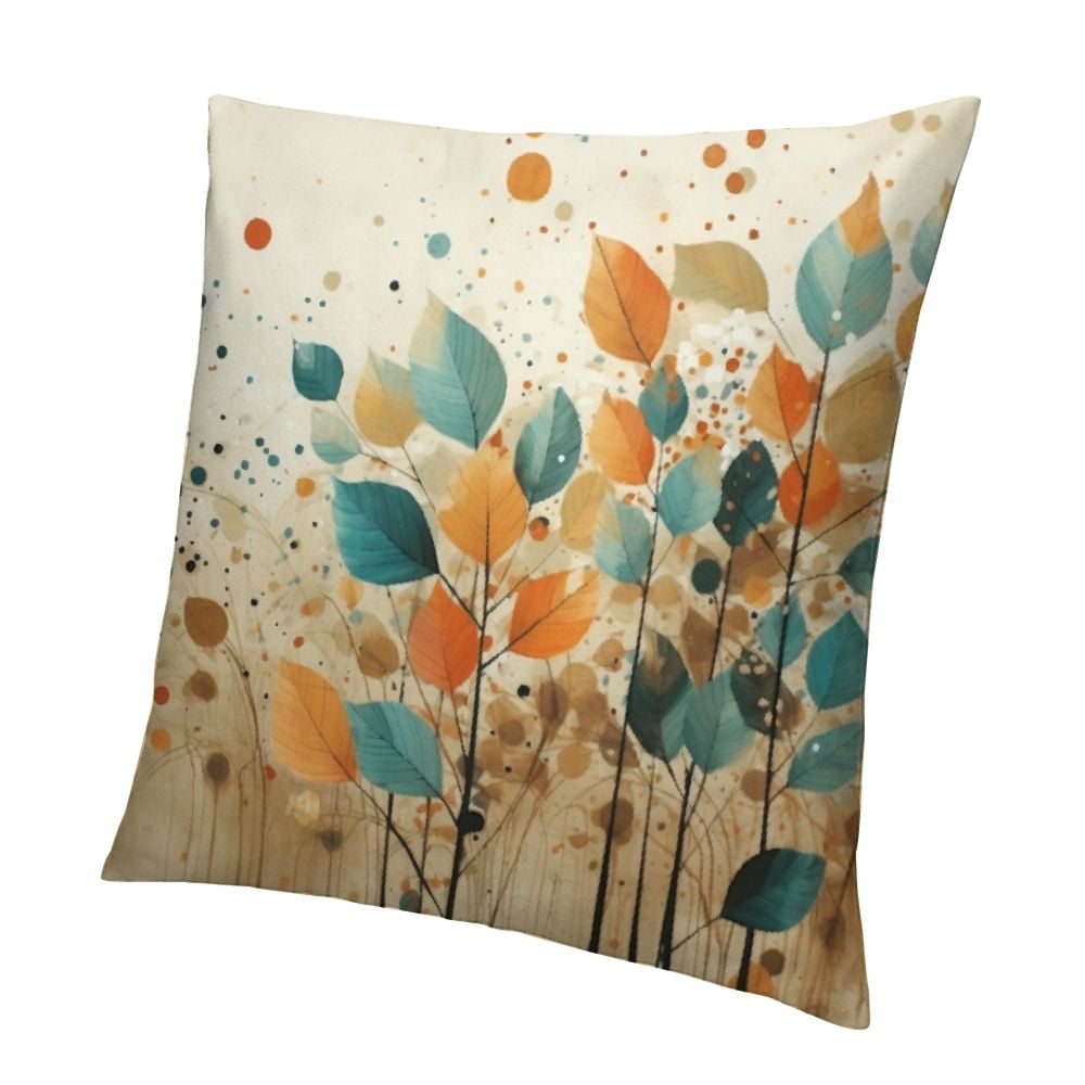 Creowell Teal Gold Autumn Leaves with Polka Dots Satin Modern Cushion ...