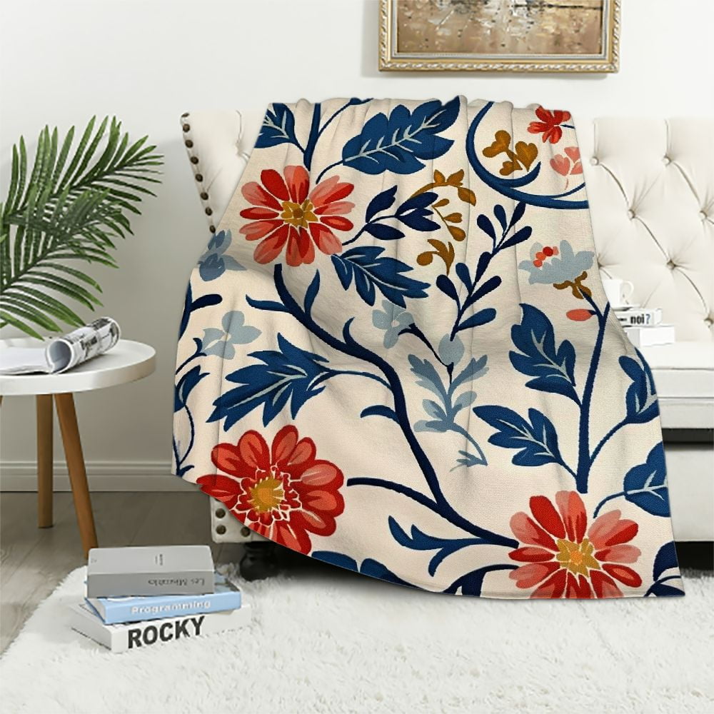 Creowell Thin Floral Print Throw Blanket, Beige Vintage Flower Pattern ...