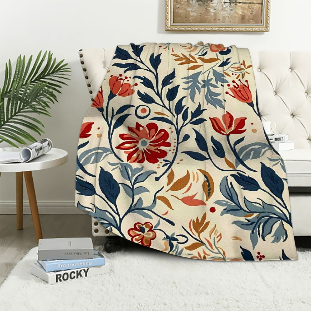 Creowell Thin Floral Print Throw Blanket, Beige Vintage Flower Pattern ...
