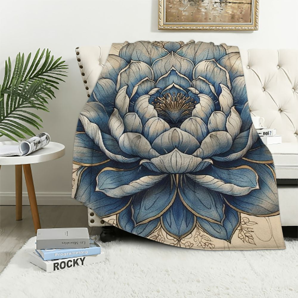 Creowell Throw Blanket Blue Lotus Flower on Tan Background Soft Cozy ...