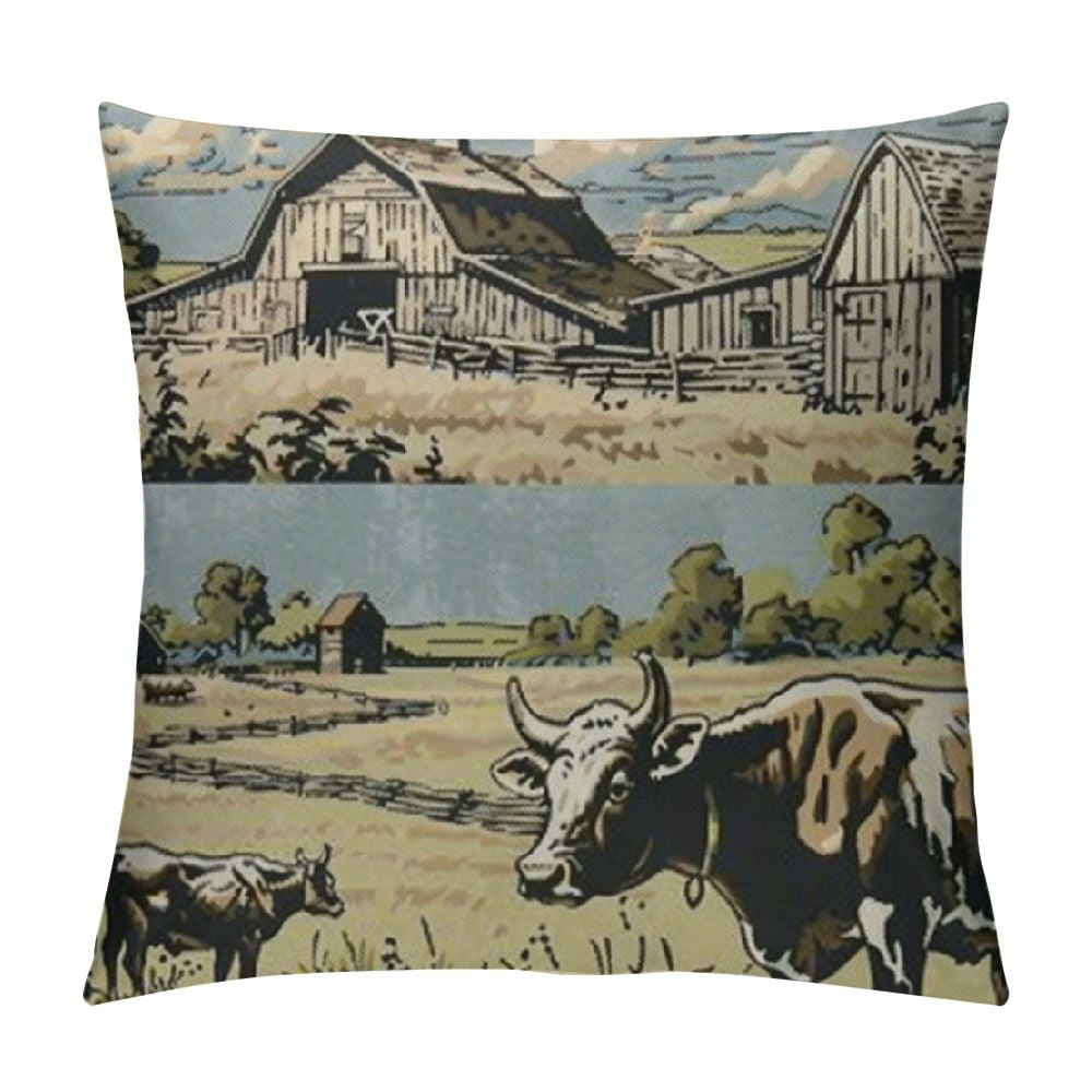 Creowell Throw Pillow Cover Old Farm Cows Harvest Rural Landscape ...