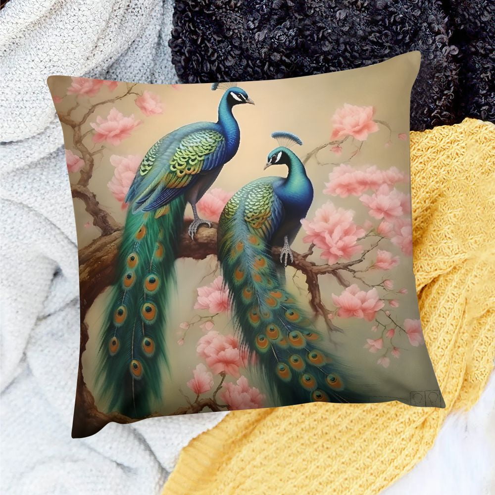 Creowell Throw Pillow Cover Peacocks Tree Branch Pink Flowers Home Sofa ...