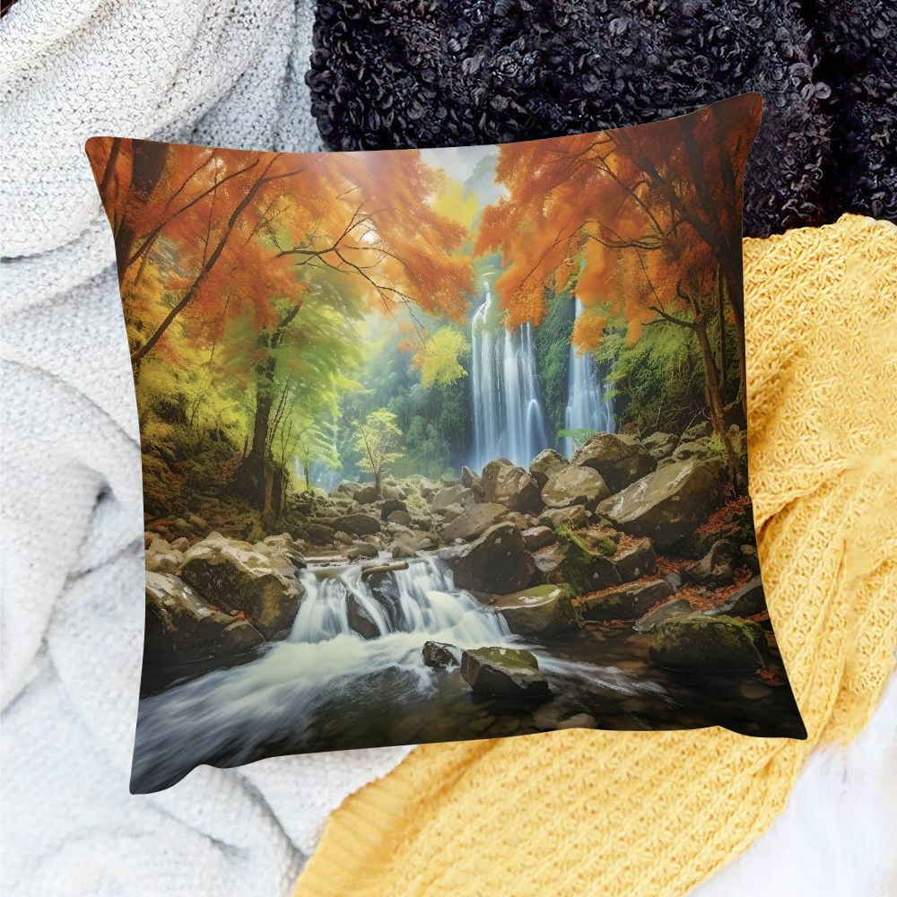 Creowell Throw Pillow Cover Waterfall Trees Stream Home Sofa Couch ...