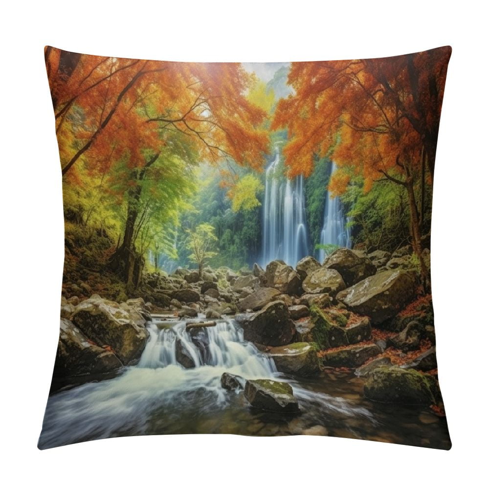 Creowell Throw Pillow Cover Waterfall Trees Stream Home Sofa Couch ...