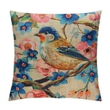 Creowell Throw Pillow Covers Cute Blue Robin Birds with Pink Flower ...