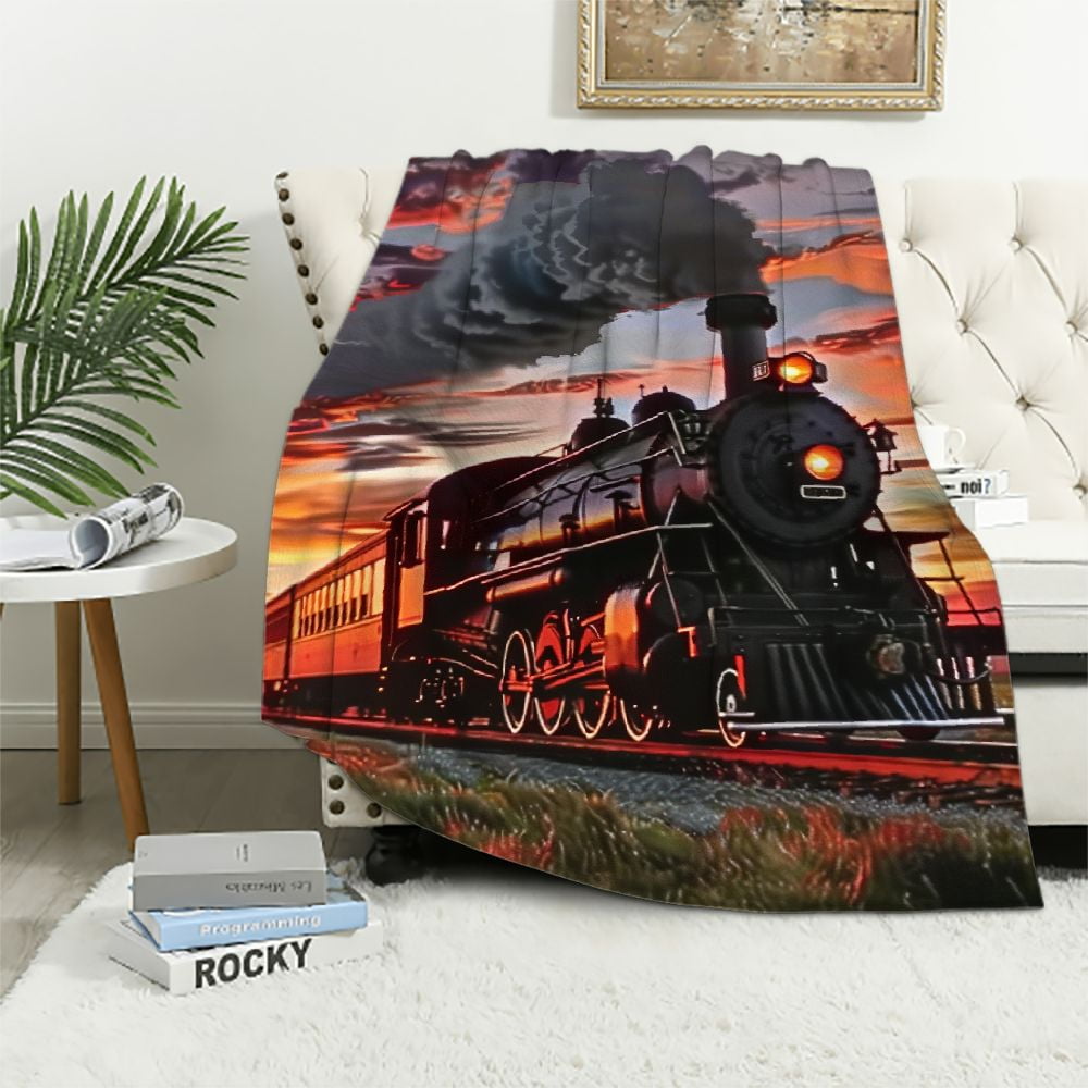Creowell Train Steam Engine Throw Blanket Flannel for Couch Bed Sofa ...