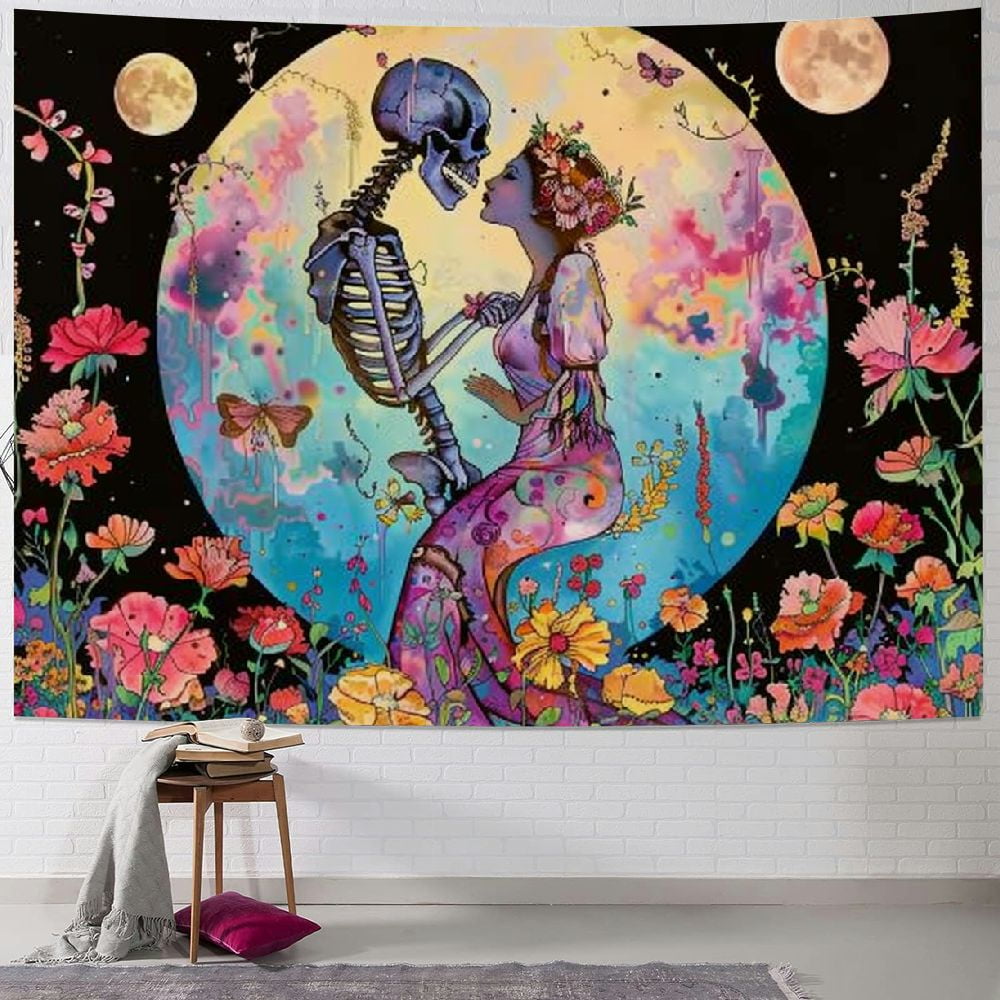 Creowell Trippy Skeleton Tapestry Aesthetic Moon Flower Wall Tapestry ...