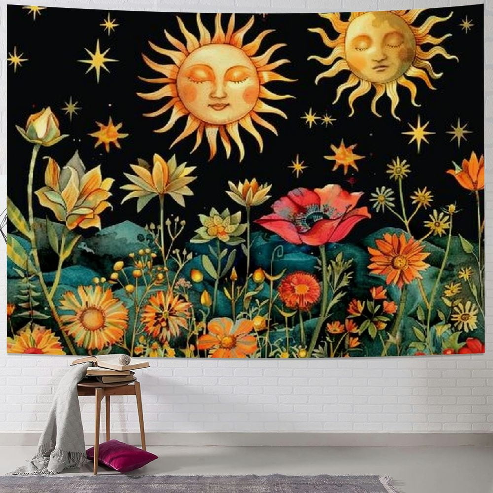 Creowell Trippy Sun Tapestry Vintage Aesthetic Flower Tapestry Hippie ...