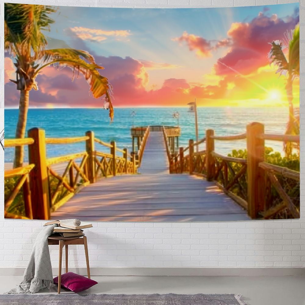 Creowell Tropical Balcony Sea Beach View Tapestry Seaside Wood Bridge ...