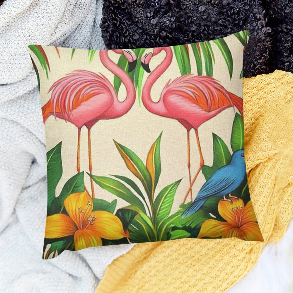 Creowell Tropical Flamingos Blue Bird Square Cushion Cover 100% Linen ...