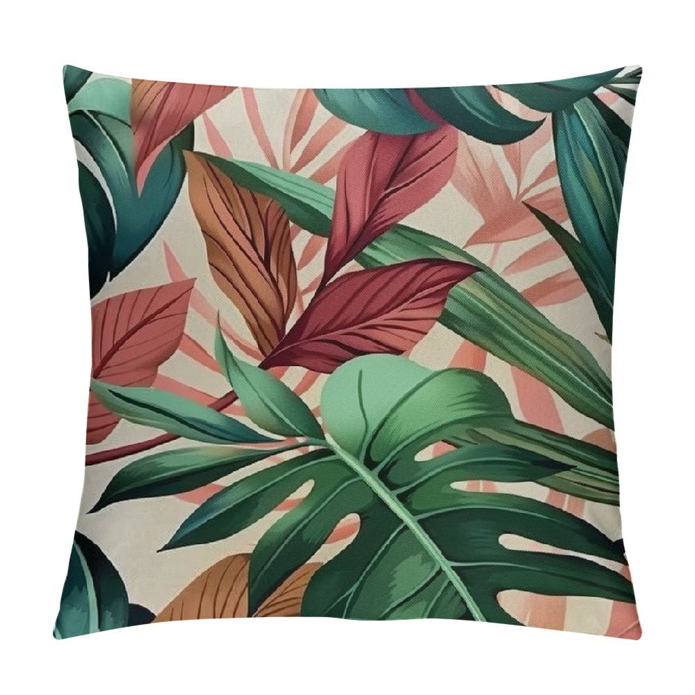 Creowell Tropical Leaves Throw Pillow Covers Green Palm Leaf Monstera ...