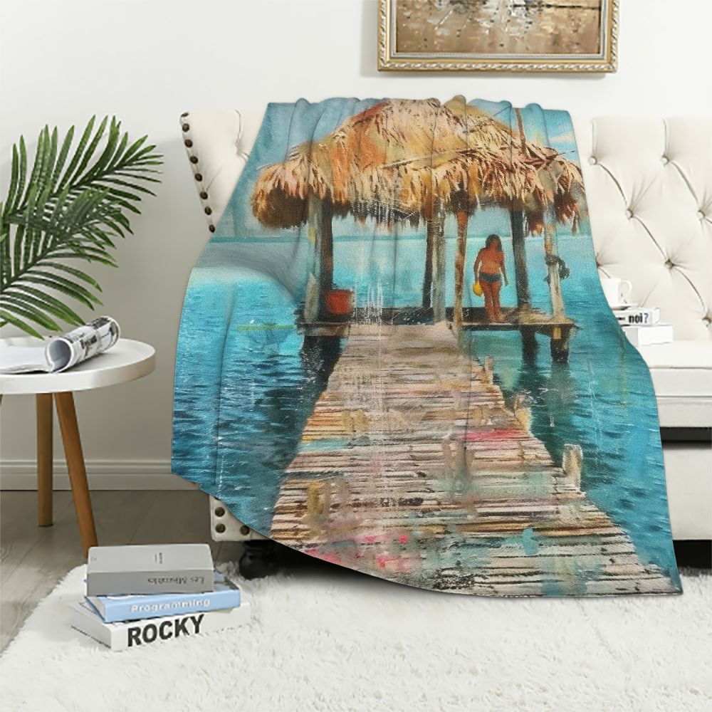 Creowell Tropical Throw Blanket, Bungalow on Clear Sea Travel ...