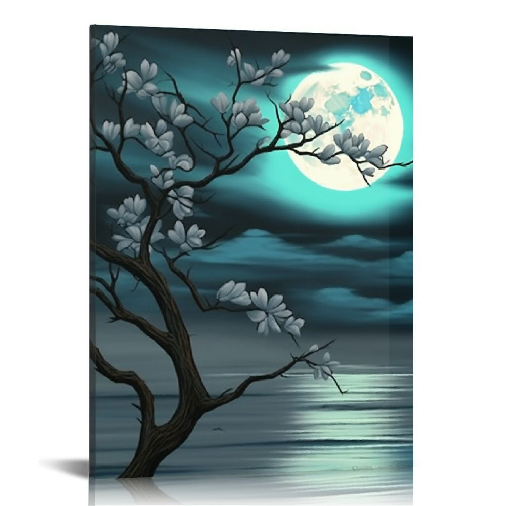 Creowell Turquoise Flowers Wall Art Teal Magnolia Full Moon Sea ...