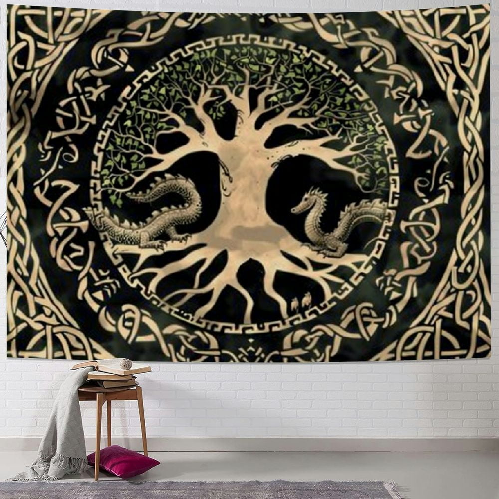 Creowell Viking Dragon Totem Life Tree Rune Tapestry, Ancient Runic ...