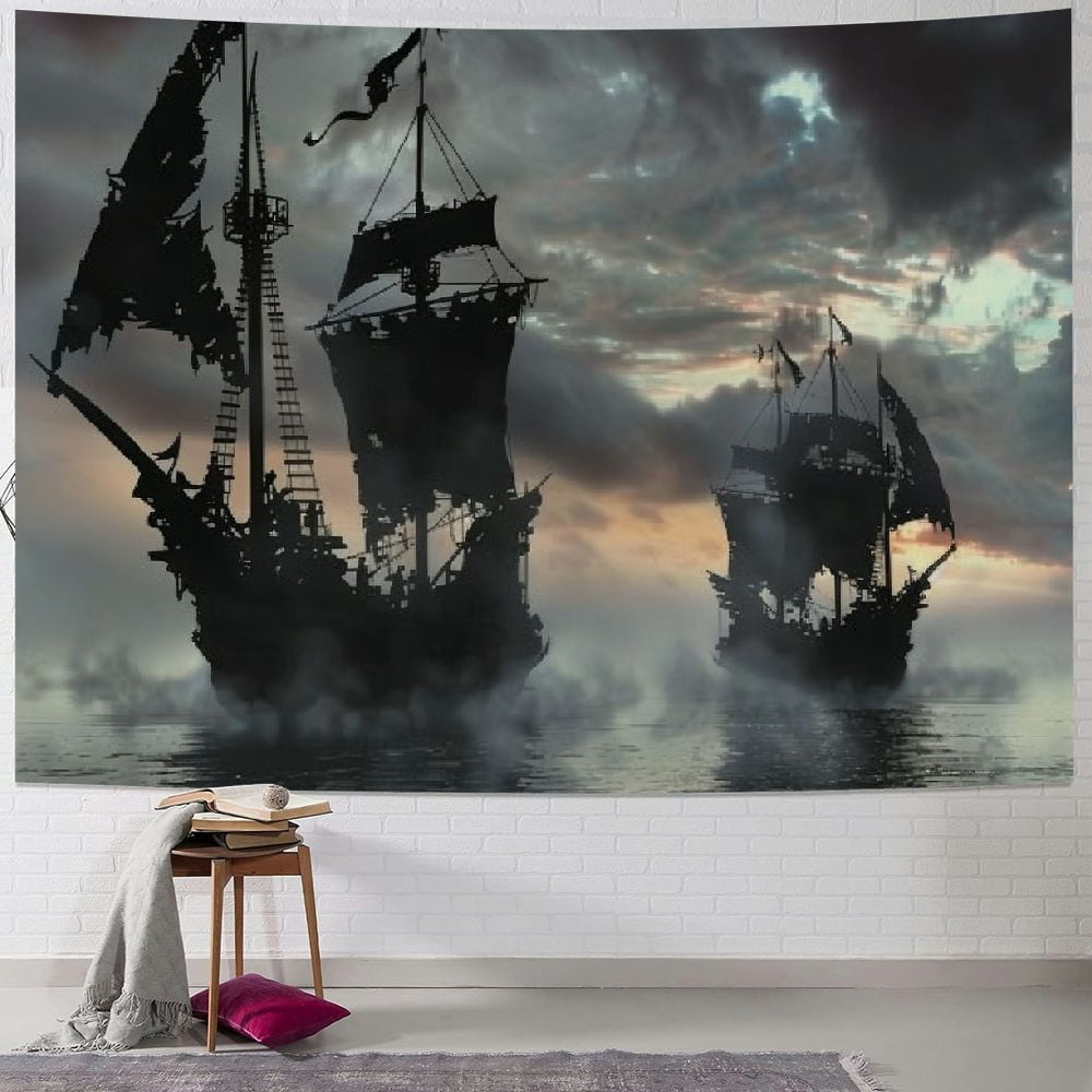 Creowell Viking Ship Tapestry Sailboat Dragon Black Gray Deep Sea ...