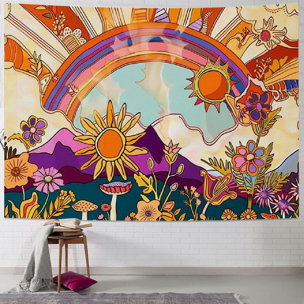 Creowell Vintage 70s 60s Groovy Tapestry, Retro Flowers Clouds Sun and ...