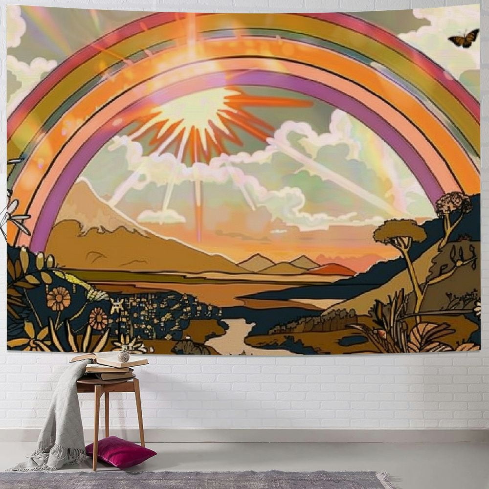 Creowell Vintage 70s 60s Groovy Tapestry, Retro Flowers Clouds Sun and ...