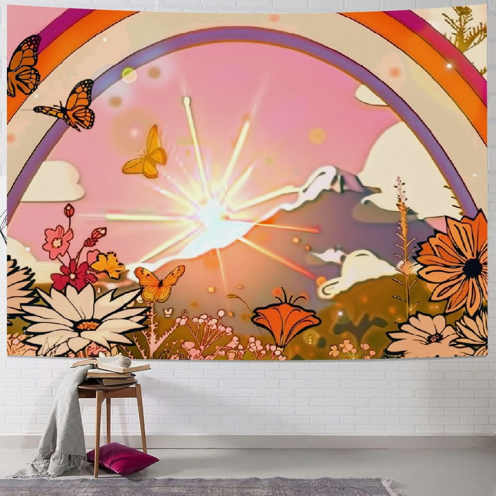 Creowell Vintage 70s Groovy Tapestry, Flowers Clouds Sun and Rainbow ...