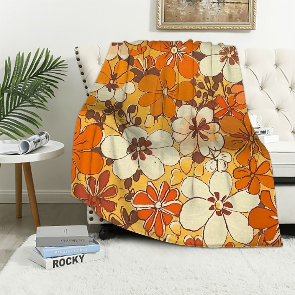 Creowell Vintage 70s Throw Blanket, Boho Hippie Bright Orange Flowers ...