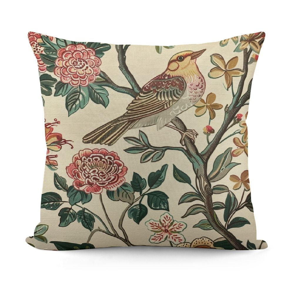 Creowell Vintage Bird Floral Pillow Covers 18x18 Inch Pink Green Yellow ...
