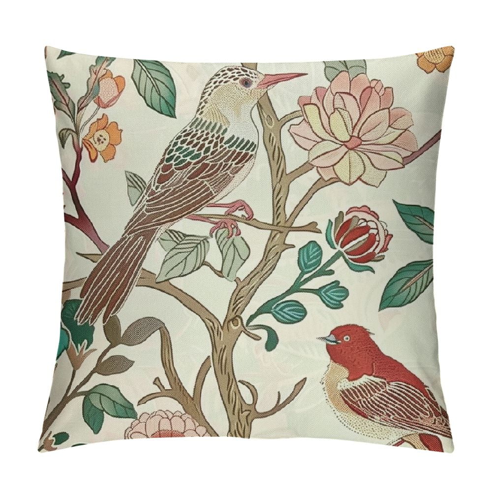 Creowell Vintage Bird Floral Pillow Covers Pink Green Yellow Flower ...