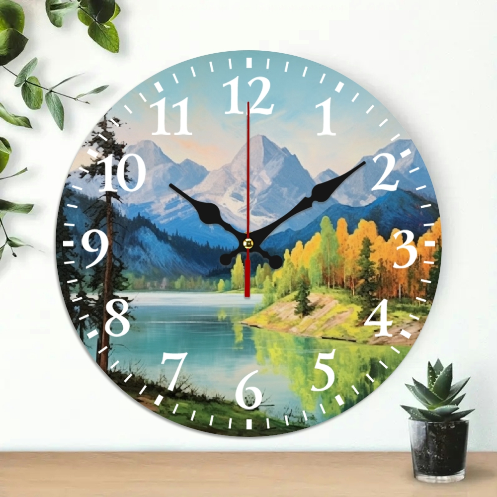 Creowell Wall Clock Mountain Trees Lakes Print 10 Inch Frameless Decor ...
