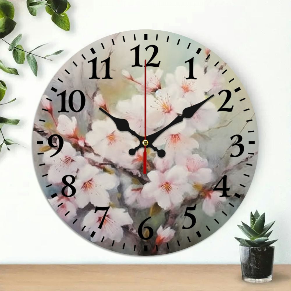 Creowell Wall Clock White Flowers Branch Pink Centers Print Wall ...