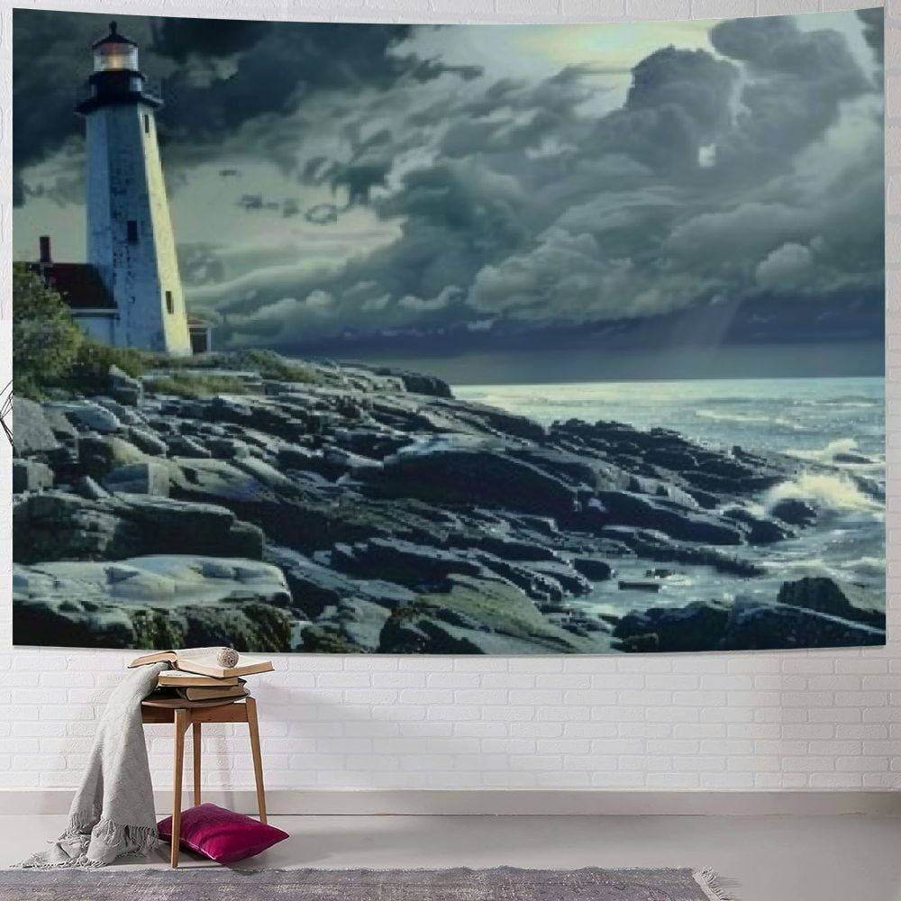 Creowell Wall Tapestry Sunset Scenic Lighthouse Night Spotlight Beam Autumn Dawn Water Ireland ...