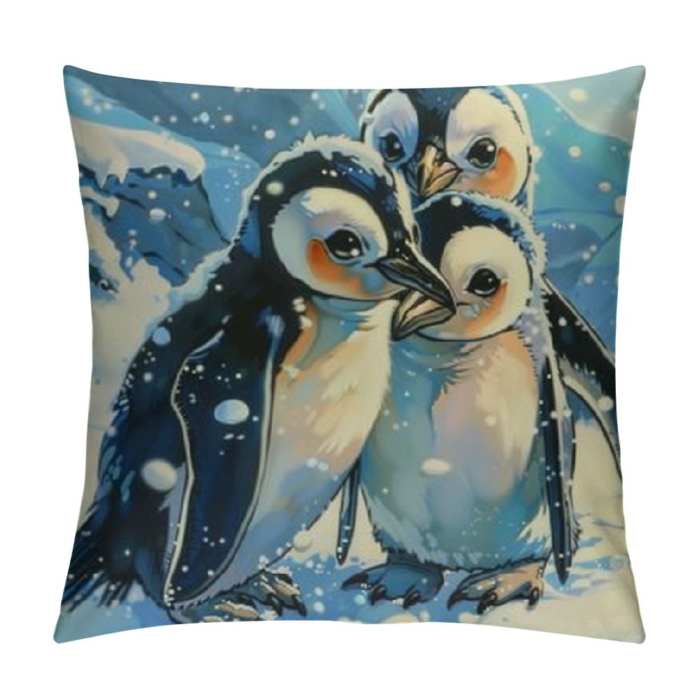 Creowell Watercolor Cartoon Penguin Throw Pillow Cover,Winter Outdoor ...