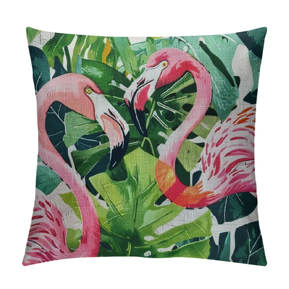 Creowell Watercolor Flamingo Tropical Green Pink Pillow Cover Farmhouse ...