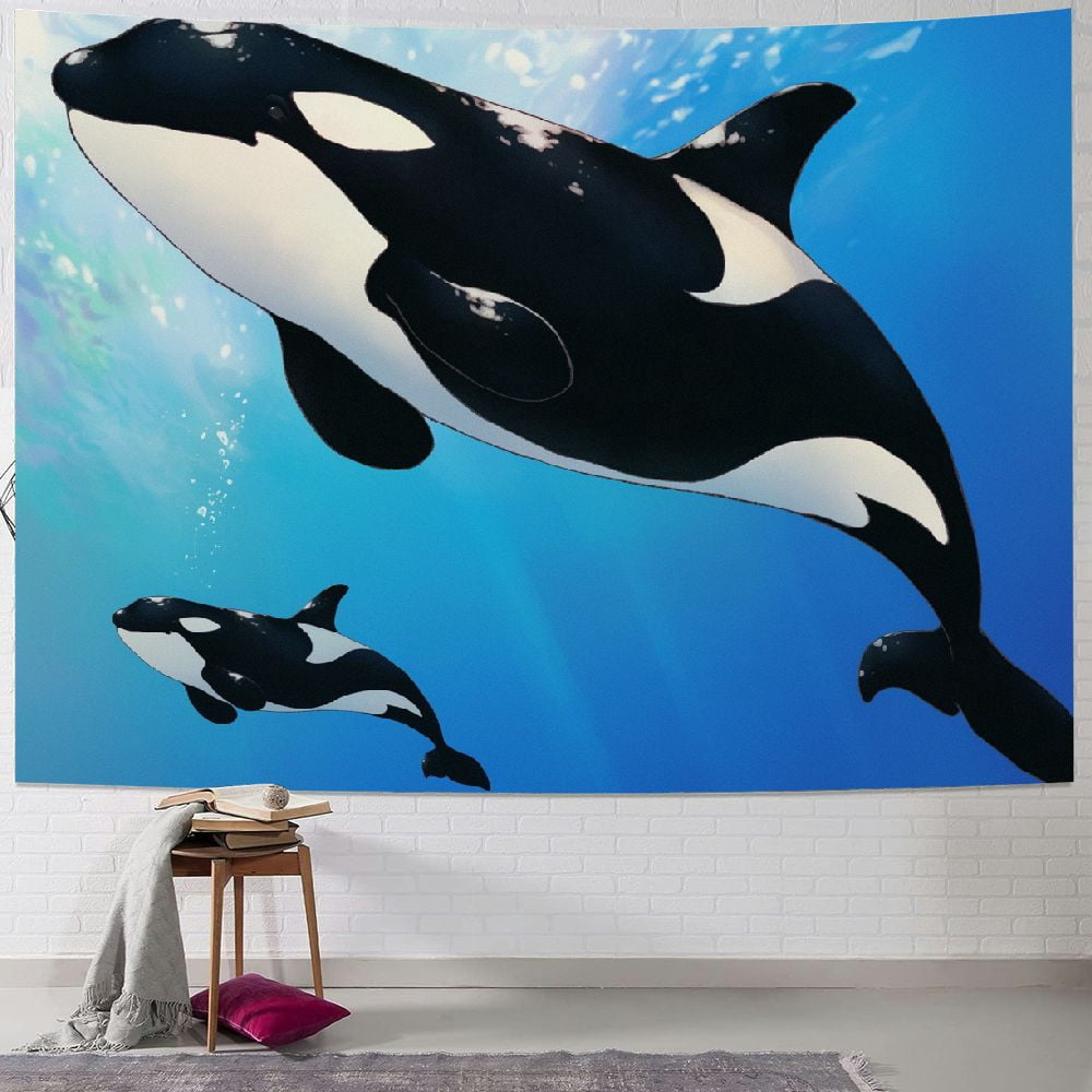 Creowell Whale Tapestry, Orca Family Mother and Swimming in The Ocean ...