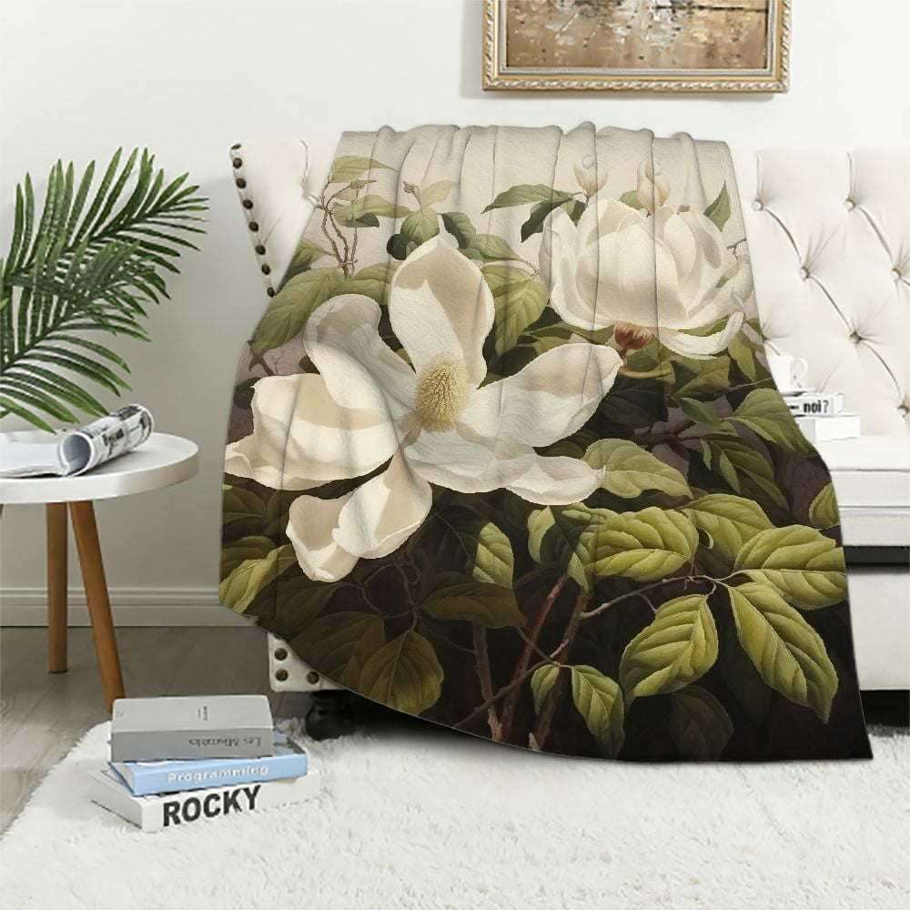 Creowell White Flower Green Leaves Print Throw Blanket for Bed Couch ...