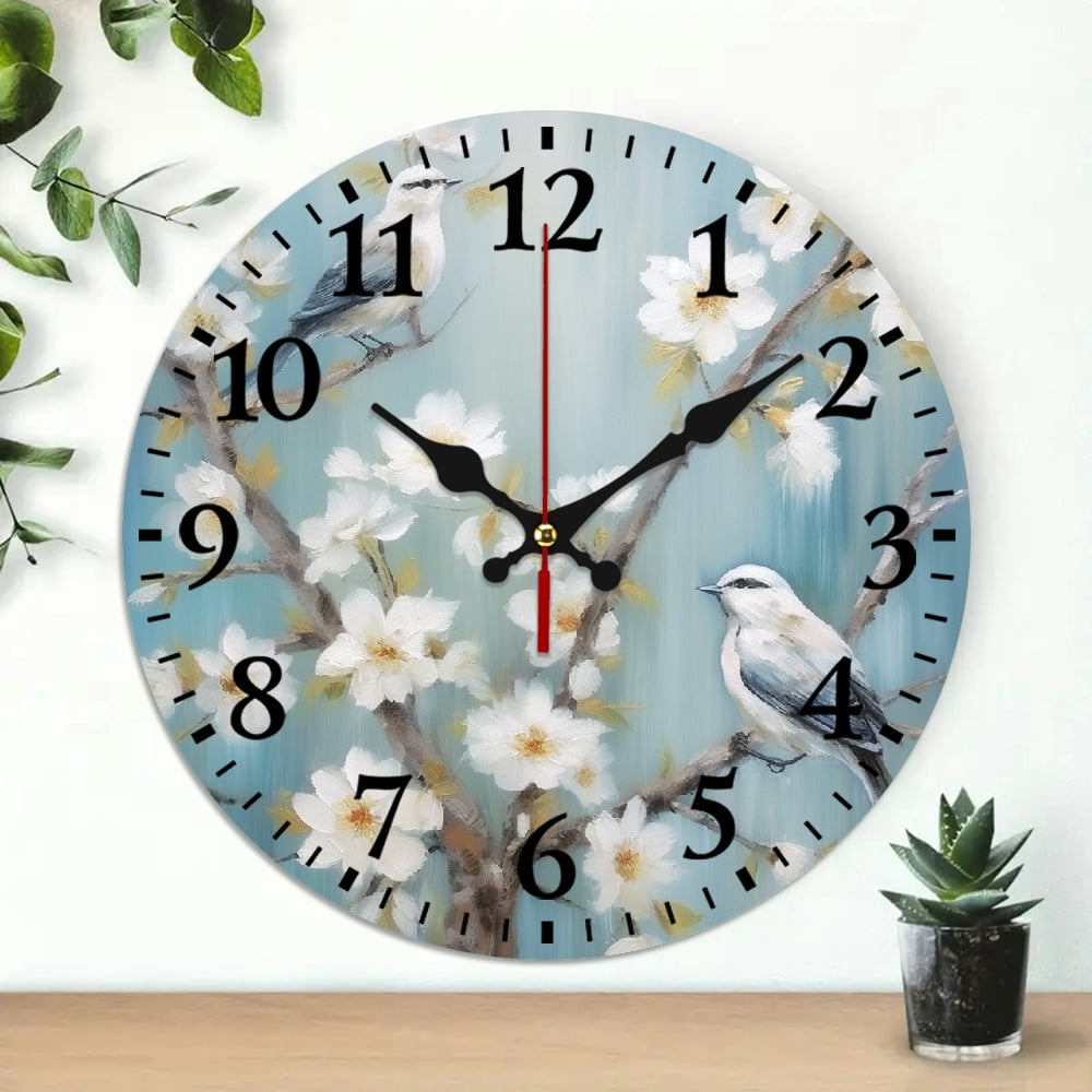 Creowell White Flowers Birds Branch Wall Clock 10 Inch Frameless Decor ...