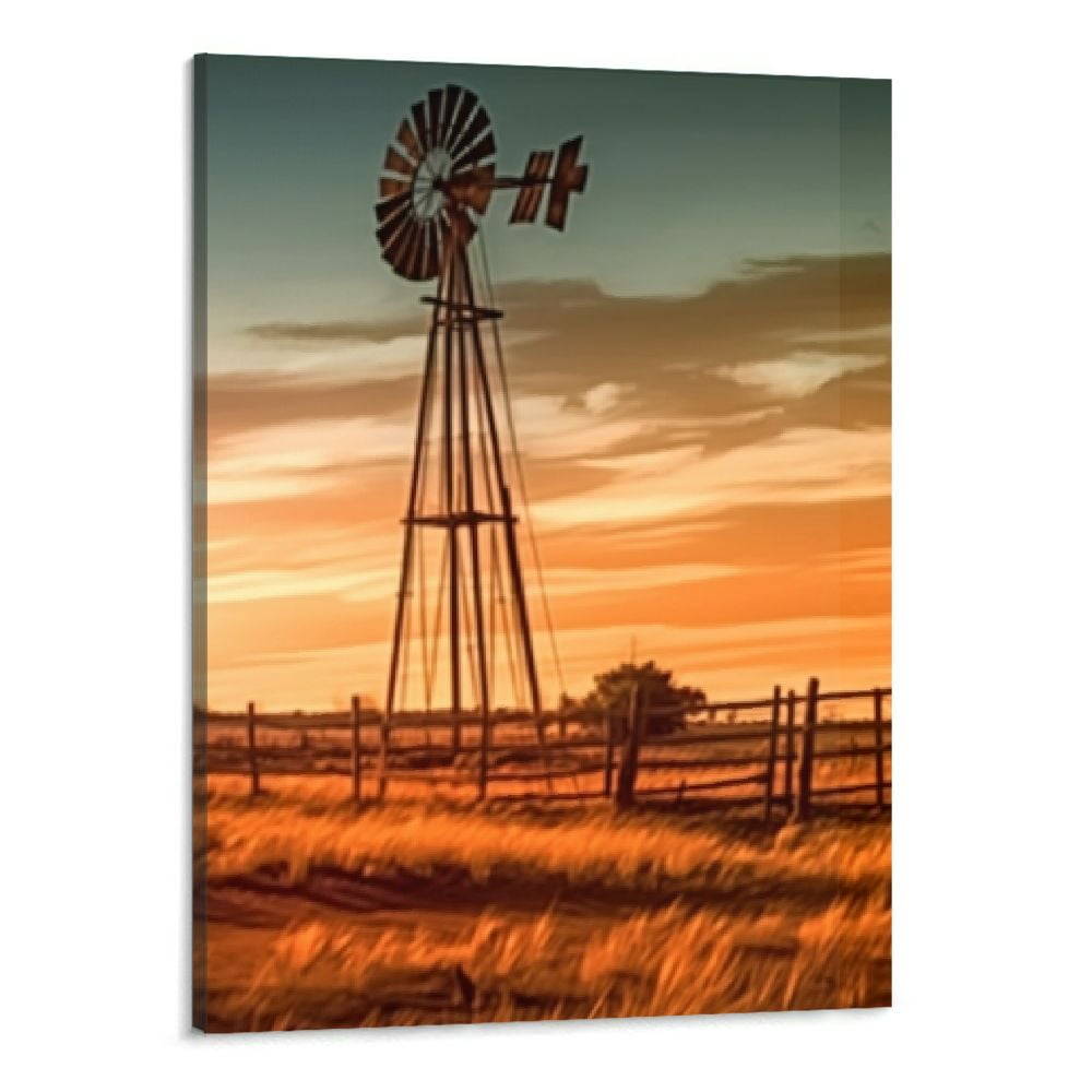 Creowell Windmill Artwork Rustic Landscape Picture: Farmhouse Painting ...