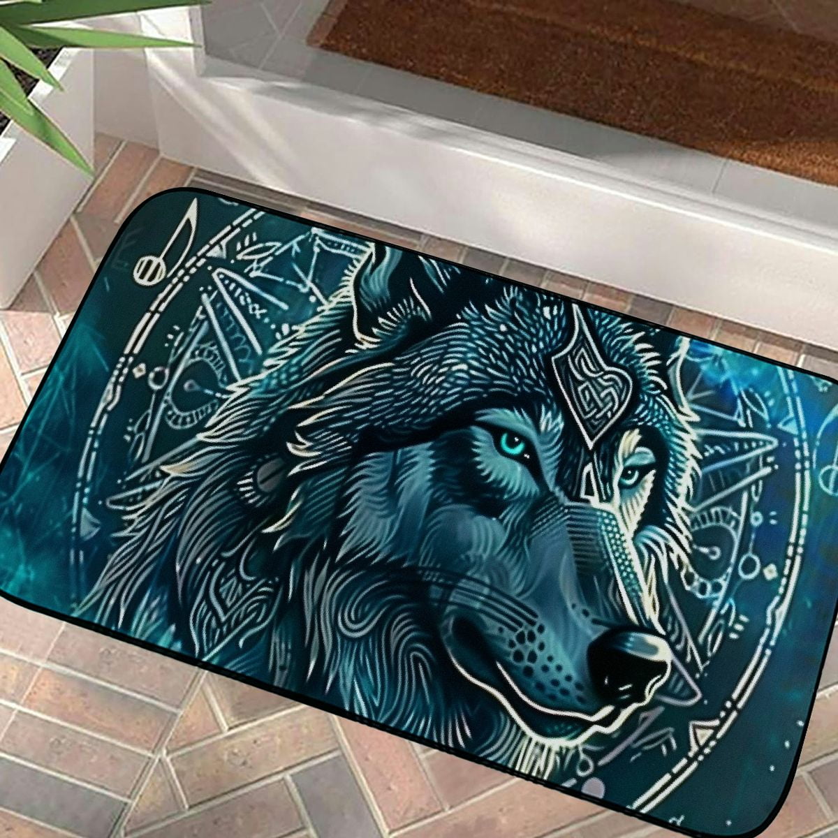 Creowell Wolf Compass Welcome Mat Door Mats Non-Slip Durable Entrance ...