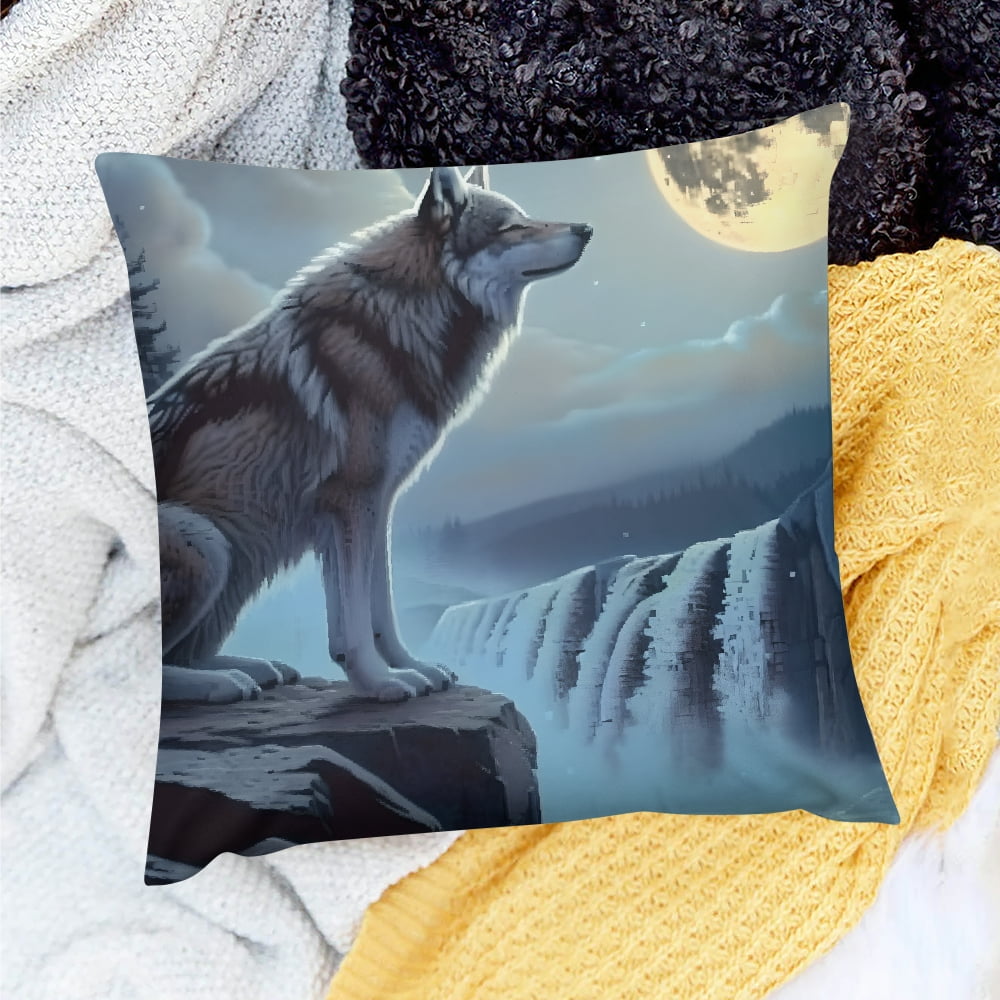 Creowell Wolf Moon Waterfall Throw Pillow Cover for Home Sofa Couch ...