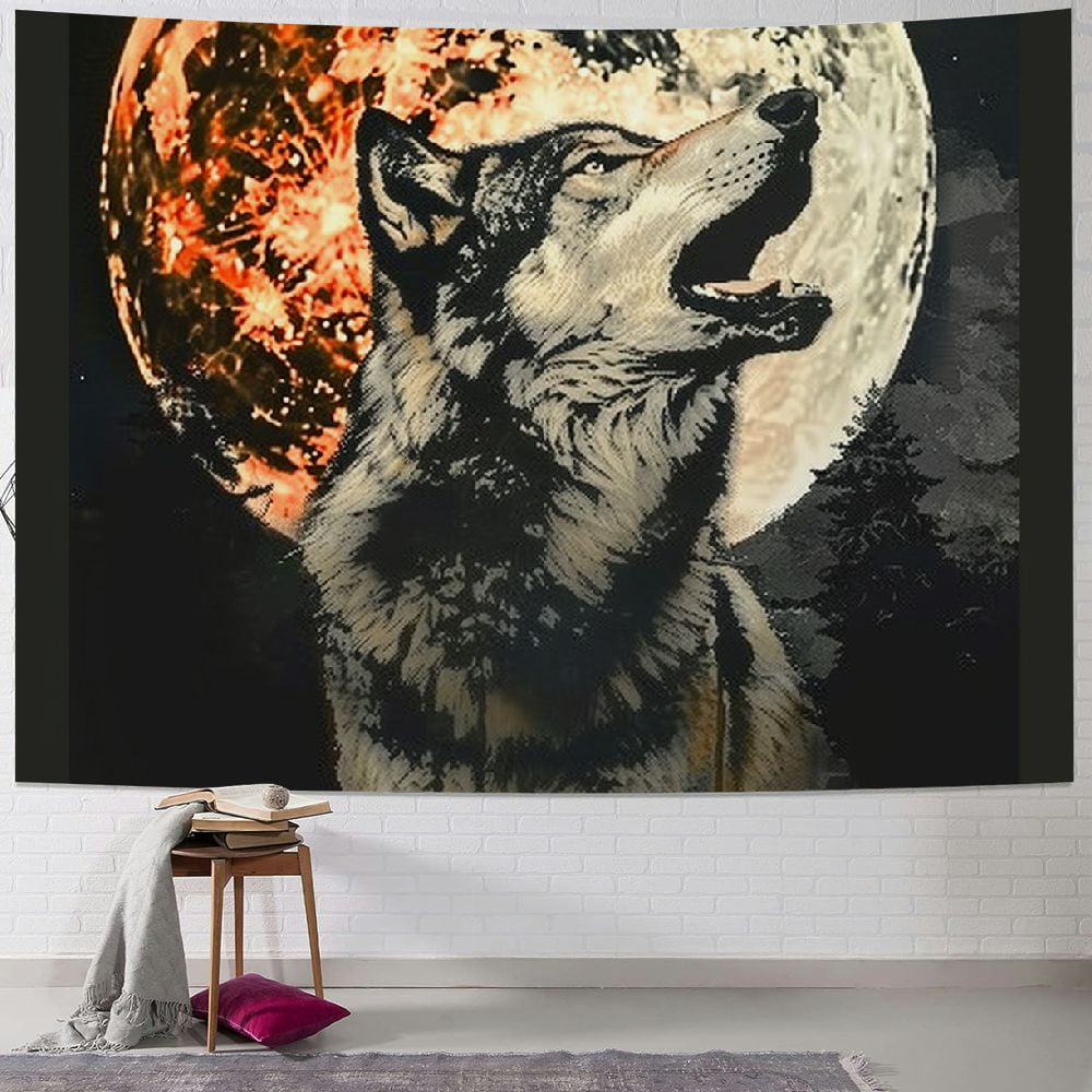 Creowell Wolf One Piece Tapestry Moon Tree Wolf Howl Aesthetic Designs ...