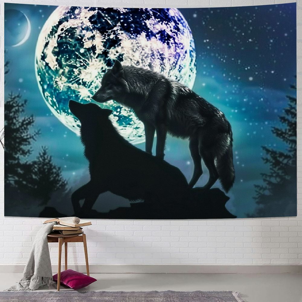 Creowell Wolf Tapestry Wolf Moon Tapestry Starry Night Sky Wall Hanging ...