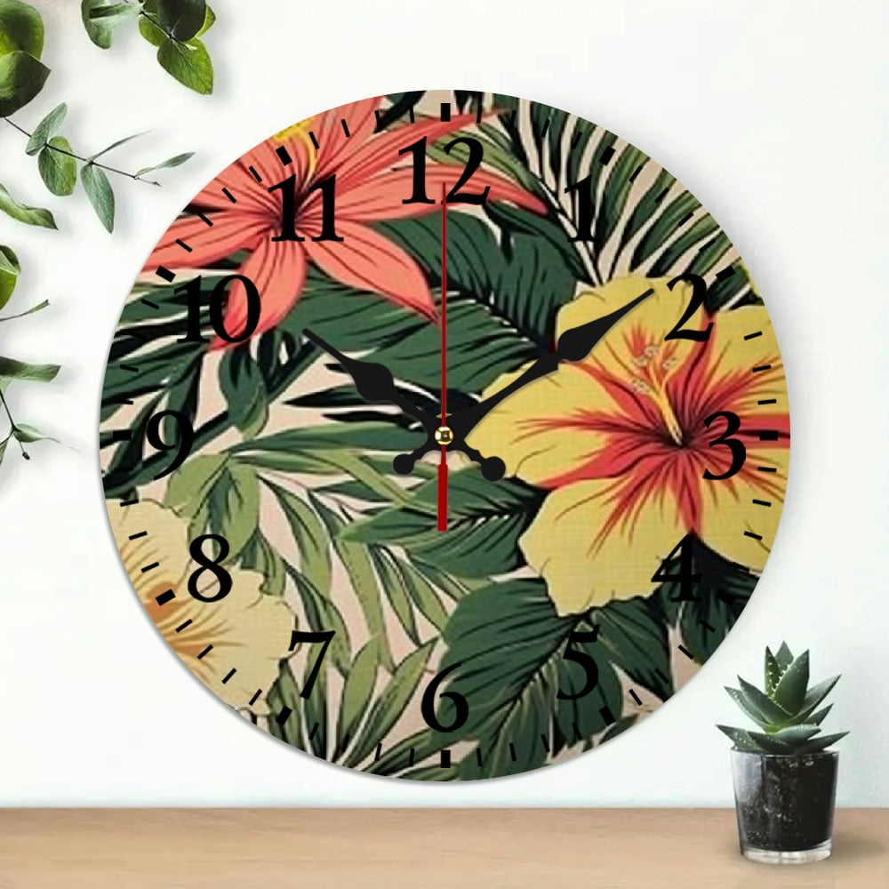 Creowell Wooden Wall Clock Flowers Leaves Pattern 10 Inch Decor 10x10in ...