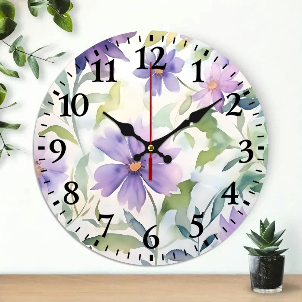 Creowell Wooden Wall Clock Flowers Leaves Watercolor Print 10 Inch ...
