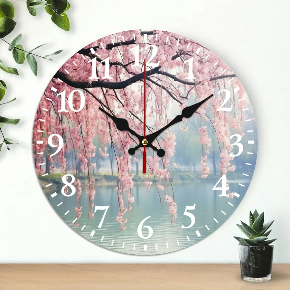 Creowell Wooden Wall Clock Flowers Print Battery Operated 10 Inch ...
